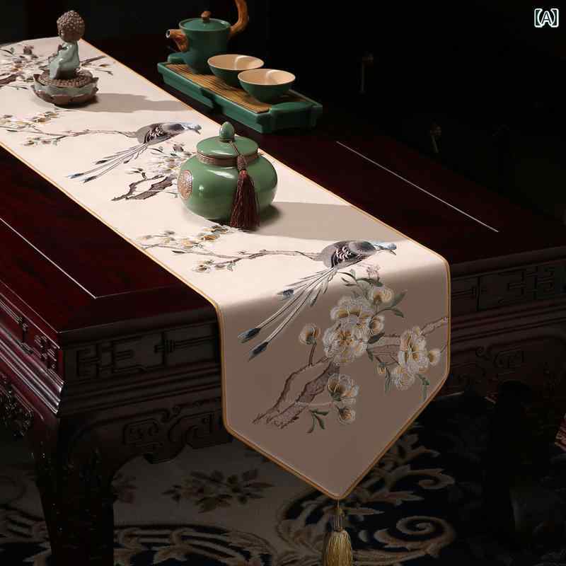 テーブルランナーおしゃれ 中国風 レトロ 長方形 タッセル 刺繍 リビング キッチン ダイニング 寝室 キャビネット 防塵 カバー 装飾 インテリア 小物 エレガント 赤 緑 青 花 トンボ 龍