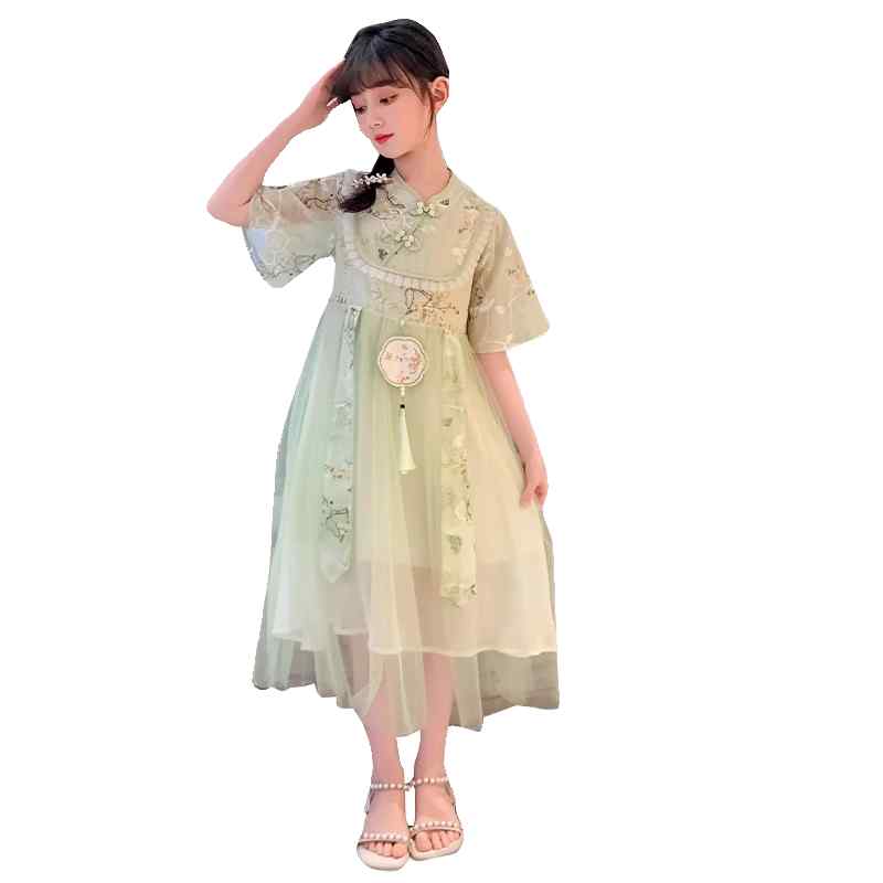 漢服 こども 韓服 女の子 夏 チャイナ風 レトロ スカート おでかけ プリンセス ドレス ひらひら レース リボン 花柄 かわいい 緑 ベージュ ワンピース