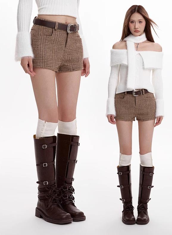 ツイード ショートパンツ チェック柄 カジュアル レディース 秋冬 ハイウエスト スリム Aライン ワイドレッグ ポケット 茶 黒 ベルト付き