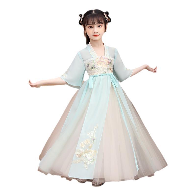 漢服 キッズ 夏 かわいい 女の子 子供用 衣装 チャイナ風 レトロ スカート 刺繍 花 背中チャック 紐 薄手 シースルー 柔らかい お出かけ 写真 撮影 記念日 ふんわり 緑
