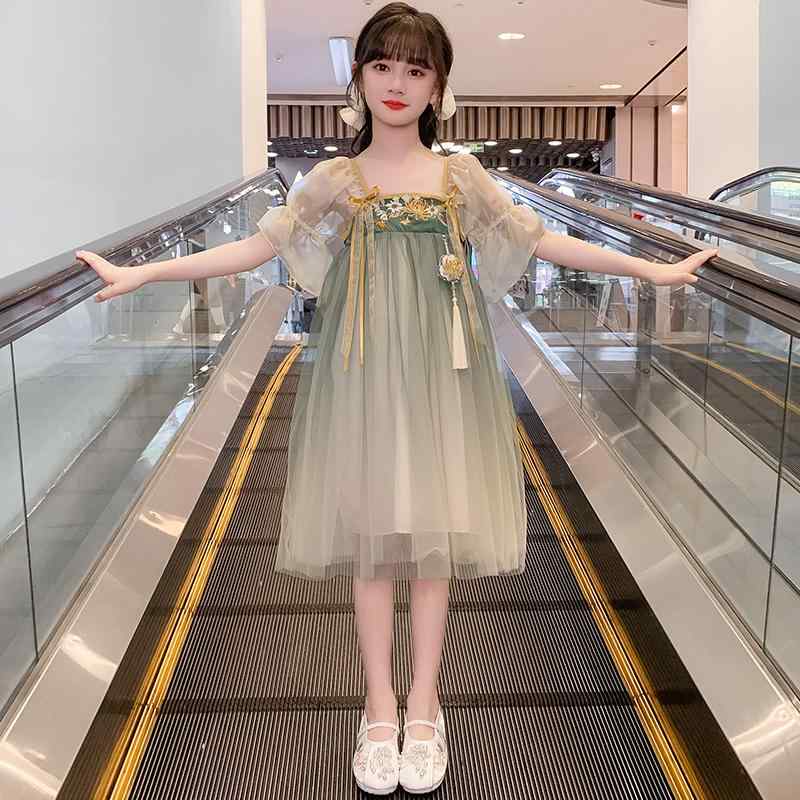 漢服 キッズ 夏 かわいい 女の子 子供用 プリンセス パフスリーブ 刺繍 花 リボン シースルー ギャザー 裏地 グラデーション お出かけ 記念日 発表会 衣装 写真 撮影 緑