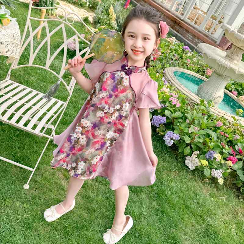 漢服 キッズ 夏 かわいい 女の子 子供用 中国風 花柄 スカート ベビー 薄手 スタンドカラー 背中チャック レトロ チャイナボタン メッシュ シースルー カジュアル 普段使い お出かけプリント 紫