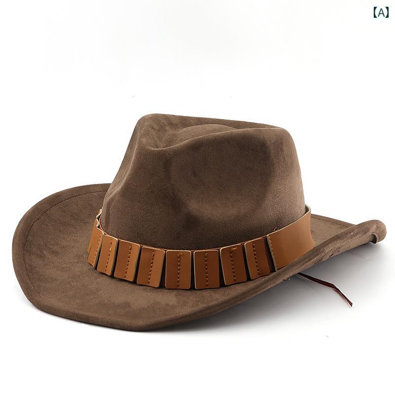 カウボーイハット 帽子 ベルト シンプル レトロ おしゃれ スエード エスニック 春秋 男女兼用 大人 つば広 テンガロン ウエスタン リゾート 旅行 黒 茶色 ピンク