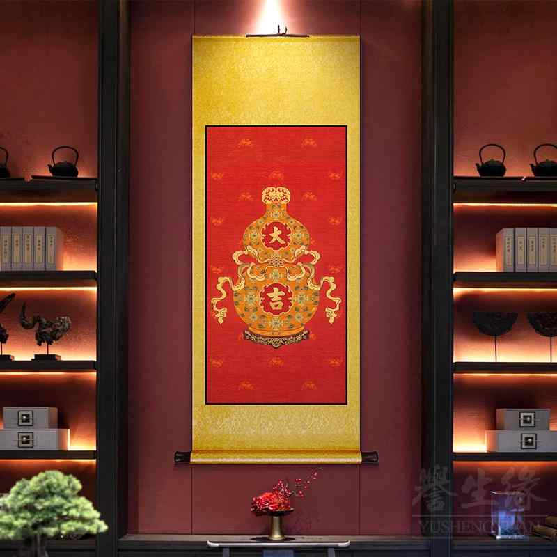 掛け軸 オシャレ 巻物 チャイナ風 絵画 玄関 リビング 寝室 廊下 装飾 幸運 長寿 縁起 プレゼント 八双 無垢材 壁 絹布 ひょうたん