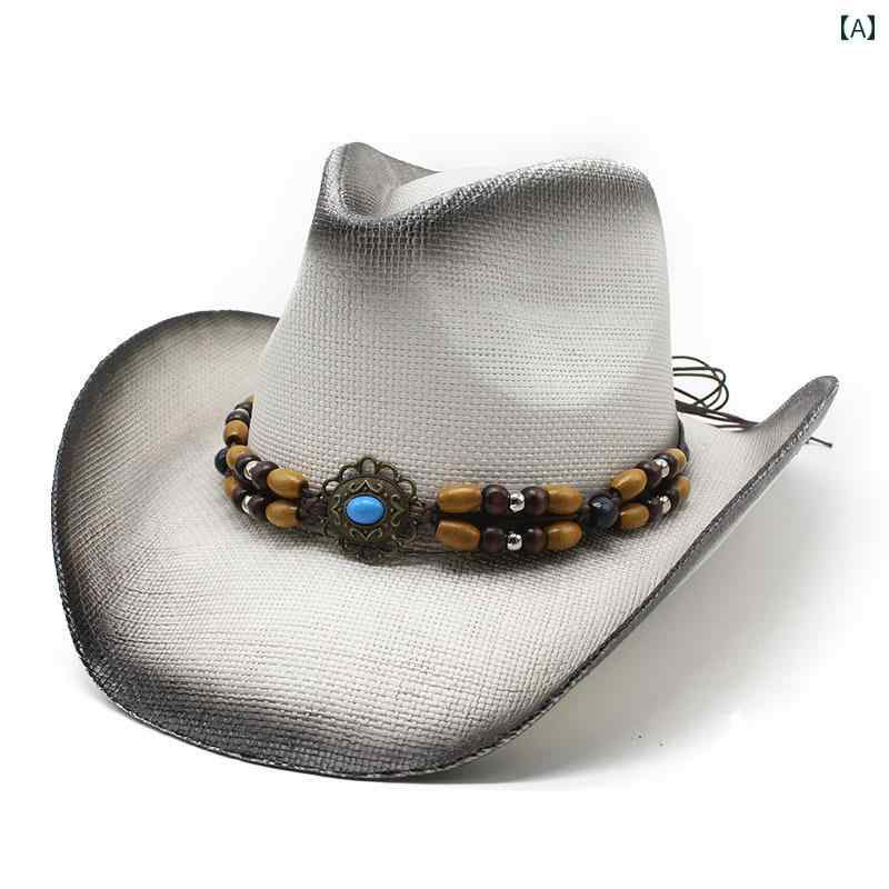 カウボーイハット 帽子 春夏 屋外 麦わら エスニック ビーズ レトロ 日焼け防止 おしゃれ 男女兼用 大人 つば広 テンガロン ウエスタン 旅行 リゾート 白 茶色 ピンク