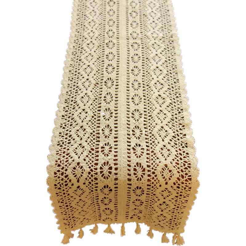 テーブルランナー レース アメリカン 装飾 クロス カバー 書斎 寝室 リビング ベッド サイド 幾何学模様 アイボリー タッセル