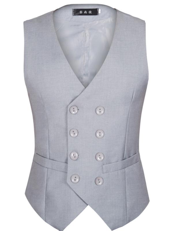 ベスト メンズ スーツ 春秋 大きいサイズ 英国風 ダブルブレスト カジュアル Vネック スリムフィット ボタン 斜め裾 ポケット 黒 グレー シングル