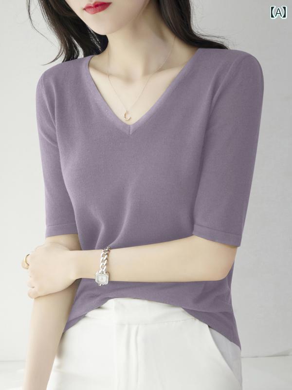 スタイル: オフィス向け シルエット: ゆったり 素材: レーヨン71%.ナイロン29% 袖丈: 5分袖 デザイン: プルオーバー 襟型: Vネック 着丈: レギュラー丈 柄: 無地 カラー: ブラック.ホワイト.ライラックパープル.ジャン...