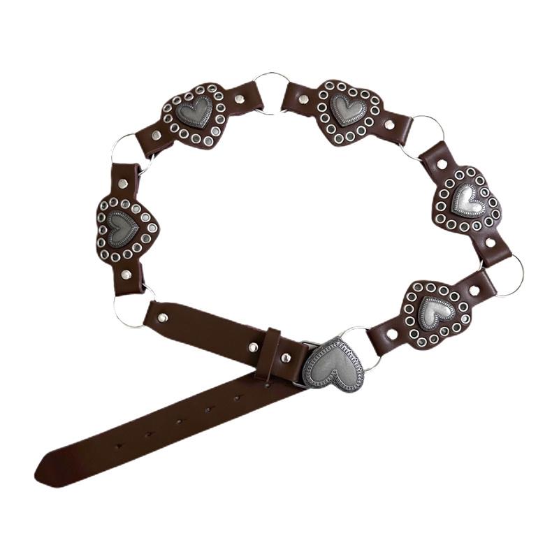 幅: 5.5cm 長さ: 106cm 素材: PU（合皮） バックルタイプ: ピンバックル バックル素材: 合金 デザイン: ハート型の装飾.透け.スタッズ付き 柄: 無地 色展開: ブラック.ホワイト.コーヒー 性別: レディース シルエ...