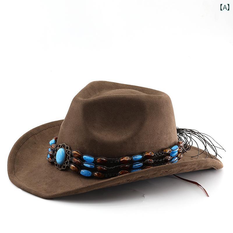 ウエスタン カウボーイ スエード メンズ レディース ウール ジャズ 装飾 チベット 日焼け防止 帽子 つば広 黒 ピンク カーキ シンプル アウトドア