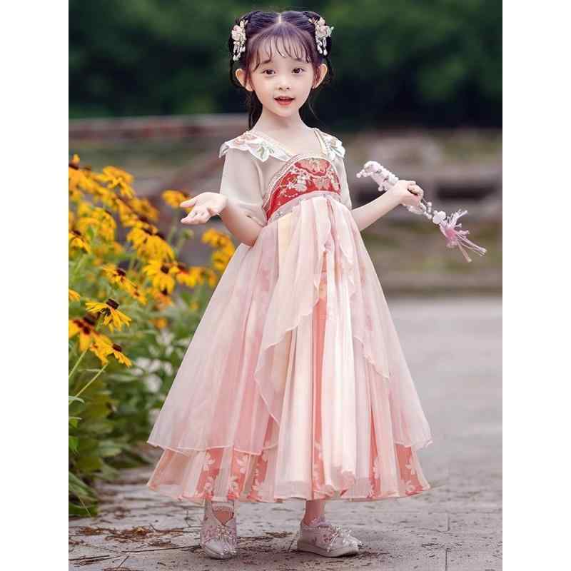 漢服 子供 コスプレ ロング フリル 柔らかい シフォン 女の子 夏 妖精 ひらひら ドレス かわいい プリンセス レトロ 花 レース 刺繍 ピンク 撮影
