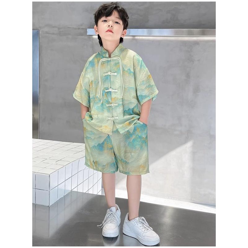 漢服 子供 コスプレ ウエストゴム 紐 ポケット 男の子 夏 セットアップ レトロ 衣装 スタンドカラー 柔らかい 半袖 ショートパンツ チャイナ風 ゆったり 緑 青 赤