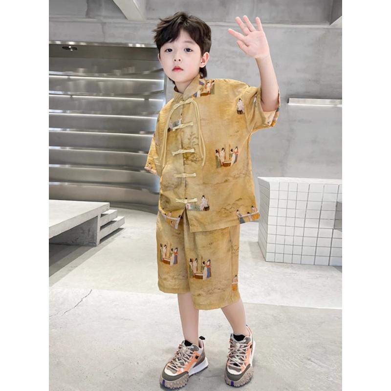 漢服 子供 コスプレ エスニック チャイナ風 半袖 シャツ 男の子 セットアップ 夏 パフォーマンス 衣装 柔らかい スタンドカラー ポケット ウエストゴム ショート ロング パンツ カーキ 緑 白