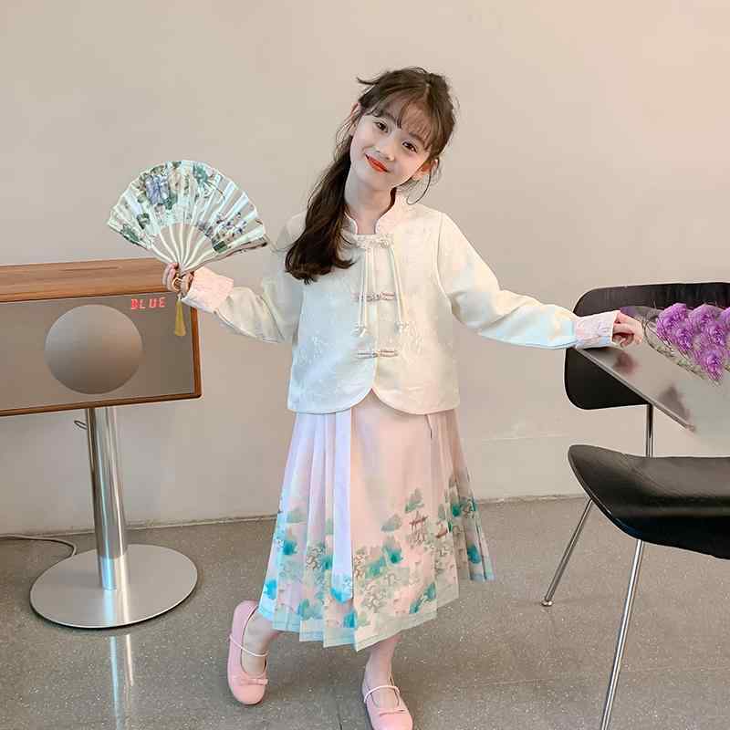 キッズ 女の子 ワンピース チャイナ風 春秋 漢服 ピンク 長袖 シンプル セットアップ おでかけ 普段使い おしゃれ プレゼント 入園式 馬面スカート