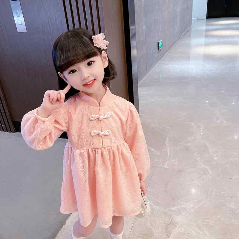 キッズ 女の子 ワンピース 長袖 春秋 チャイナ風 綿 ピンク 韓国 かわいい 普段使い シンプル 花柄 おでかけ 軽量 快適 ゆったり