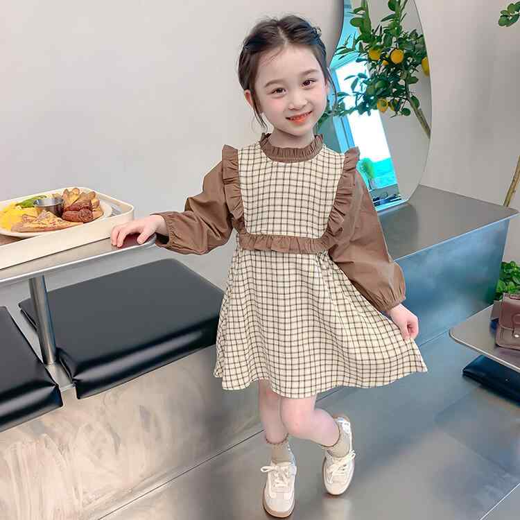 キッズ 女の子 ワンピース フレンチ チェック柄 春秋 スタイリッシュ 長袖 茶色 おしゃれ リボン フリル おでかけ 誕生日 韓国 軽量 柔らかい