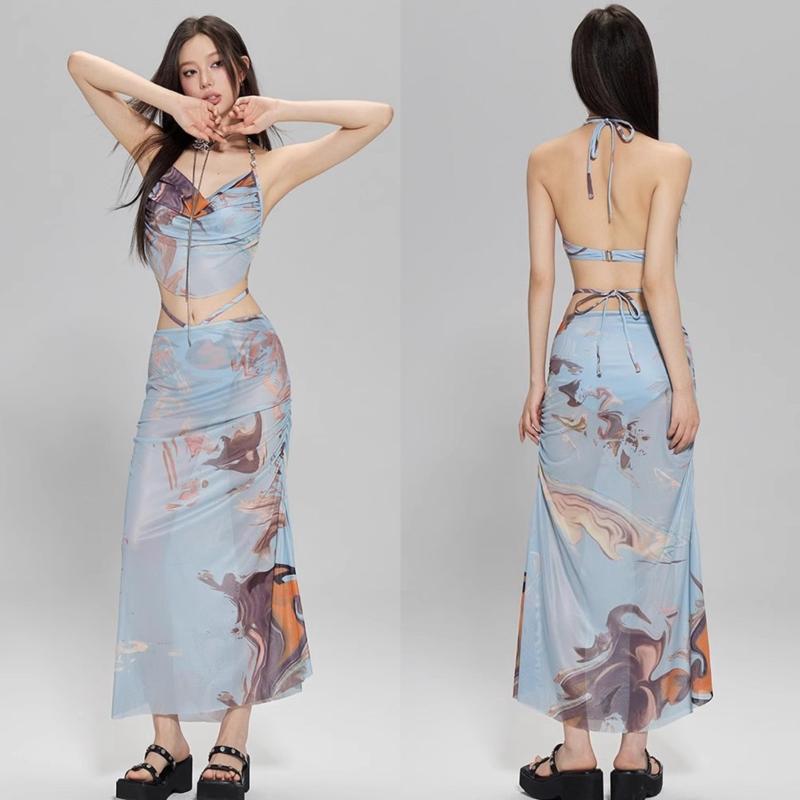 生地: ポリエステル対象者：女性色：ブルー（トップス＋インナー＋ロングスカート）. パープル（トップス＋インナー＋ロングスカート）