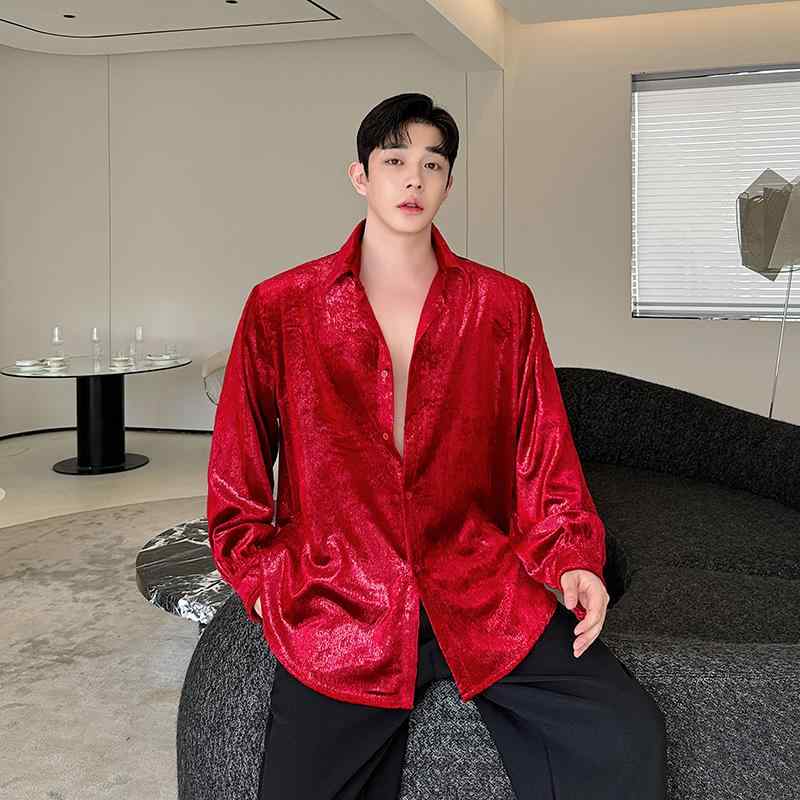 カラー シャツ メンズ 長袖 春秋 光沢 ゆったり パフォーマンス ステージ 服 キラキラ 衣装 ポリエステル 襟 赤 青 前開き 個性的 カジュアル