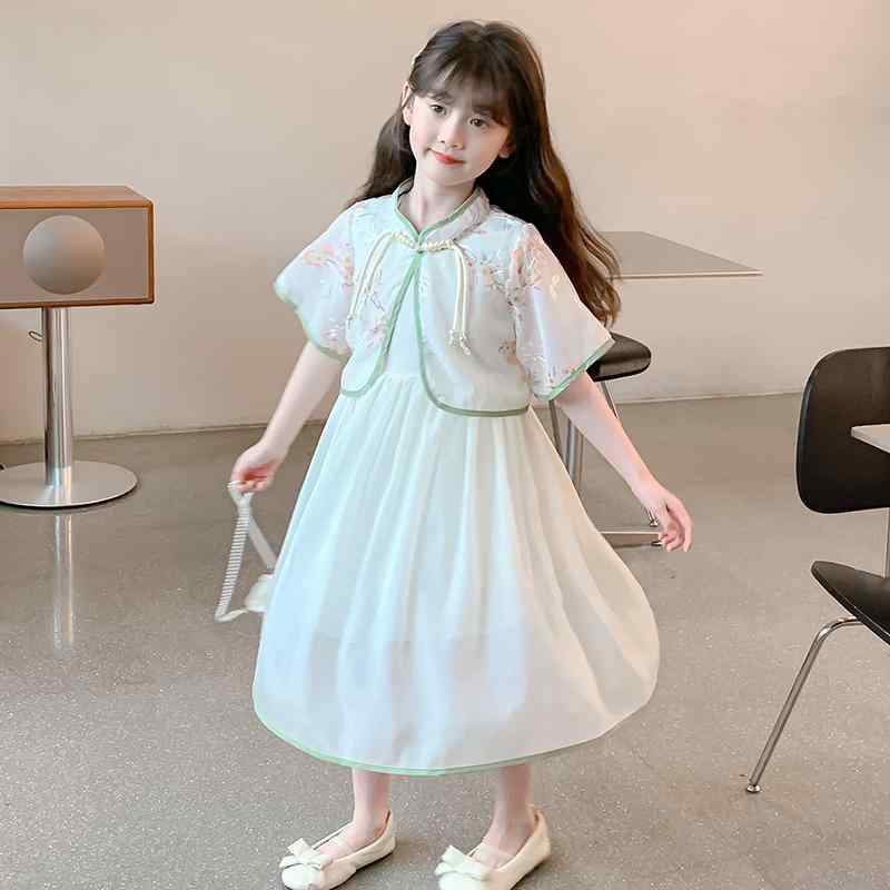 漢服 子供 女の子 韓国 スカート 夏 ドレス チャイナ風 プリンセス ワンピース アイボリー 装飾 快適 ふわふわ かわいい 半袖 透け感