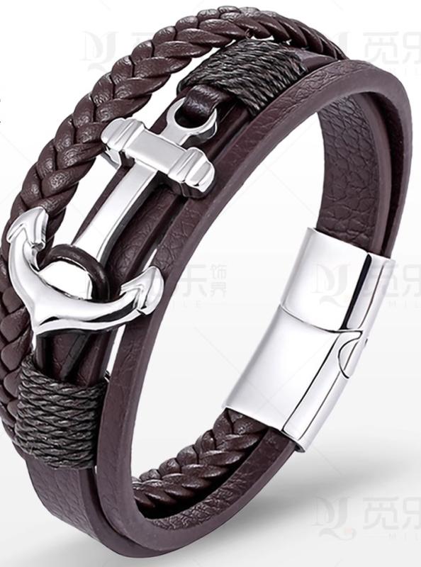 ブレスレット メンズ レザー レトロ 編み込み 革紐 チタン製 手首 アクセサリー 多層 船の錨 おしゃれ カジュアル 普段使い 茶 黒