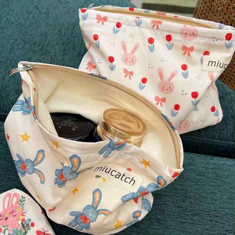 ポーチ 小物入れ 可愛い ウサギ 花柄 プリント 綿 化粧品 バッグ キャンバス 裏地 旅行 耐久性 収納 ペンケース 紫 赤 ピンク クラッチ