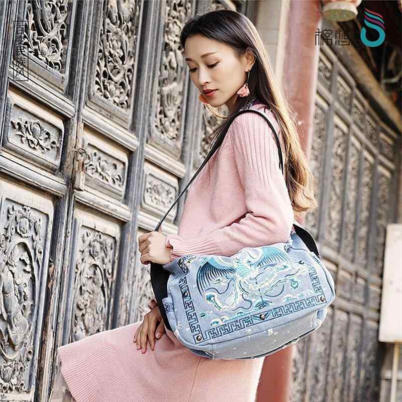 刺繍 入り バッグ エスニック レディース カジュアル 多機能 アンティーク調 デニム 斜め掛けポリエステル 柔らかい おしゃれ おでかけ 大容量 青