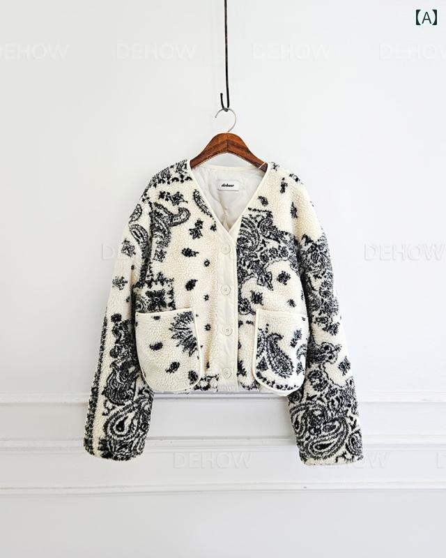 暖かい アウター レディース ペイズリー柄 ウール 韓国 レトロ ゆったり キルティング ポケット 綿 冬 厚手 ショート シンプル カジュアル 普段使い おしゃれ