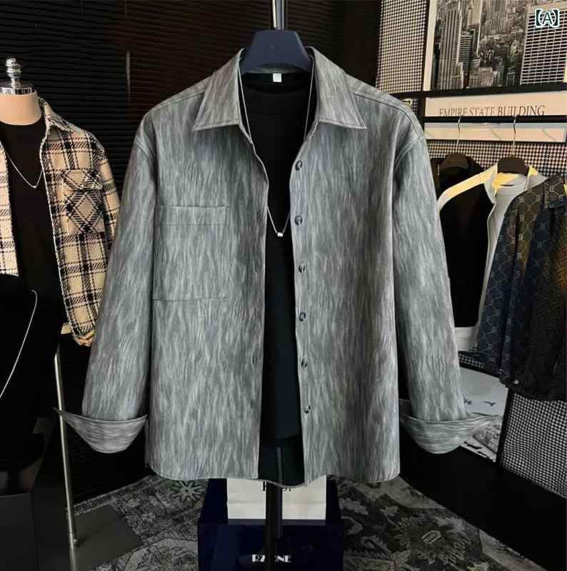 グラデーション シャツ 春秋 メンズ 長袖 ゆったり ストライプ スエード カジュアル ポリエステル グレー シンプル おしゃれ 普段使い おでかけ 大きいサイズ