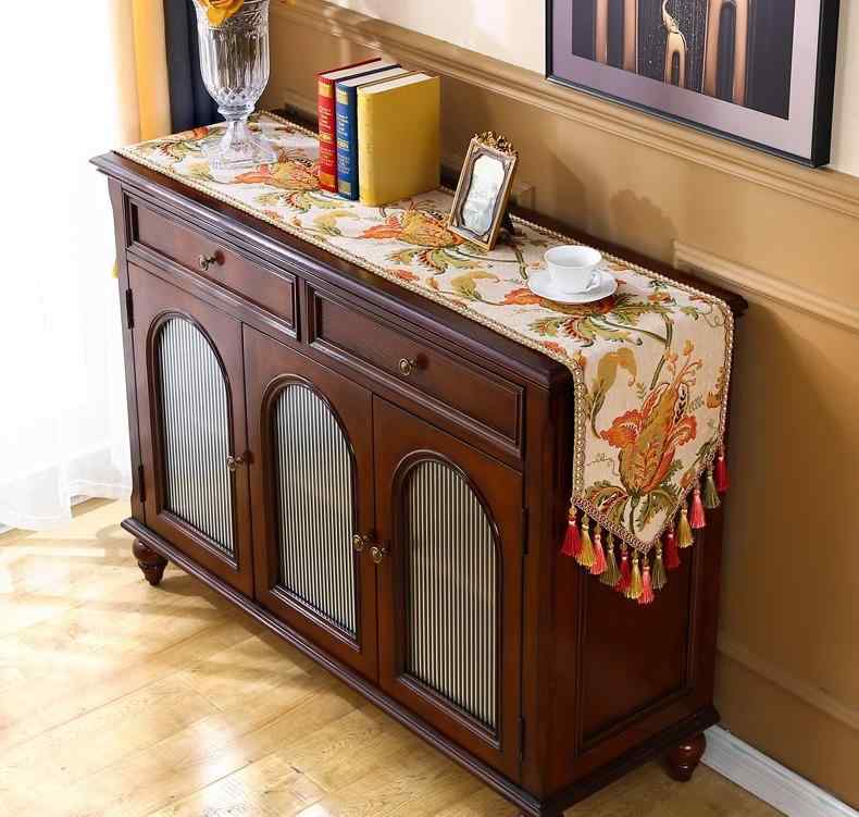 おしゃれ テーブルランナー レトロ アメリカン ロング タッセル付き ダイニング クロス キャビネット サイドボード 装飾 布 カバー シェニール 上品 緑 青 茶