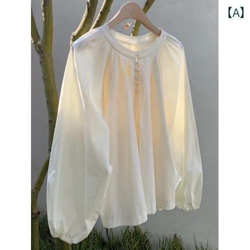 ボリューム袖 ブラウス レディース 春 ヨーロピアン トップス シャツ 長袖 日焼け対策 パフスリーブ ラウンドネック ゆったり シンプル カジュアル モード アプリコット