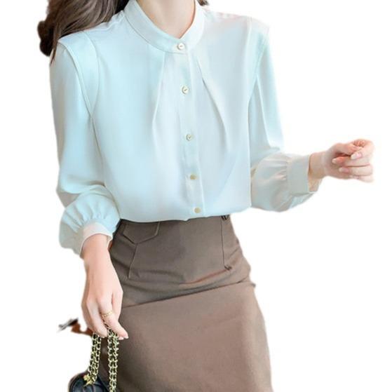 スタンドカラー シャツ レディース 長袖 春 きれいめ スリムフィット ブラウス 前開き ボタン ポリエステル 日焼け防止 大きいサイズ 上品 シンプル 通勤 お出かけ 白