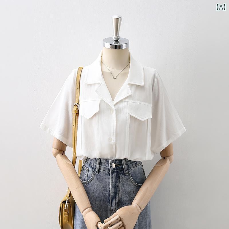 デザイン: シンプル シルエット: ストレート 袖丈: 半袖 襟元: テーラードカラー 丈: 標準 柄: 無地 前立て: シングルボタン サイズ: S.M.L カラー: ホワイト