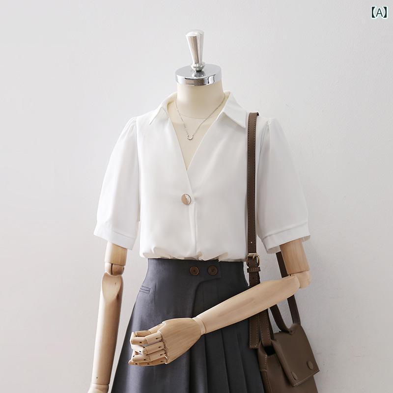 サイズ: S.M.L.XL 柄: 無地 ネックライン: Vネック デザイン: プルオーバー カラー: ホワイト 袖の形: ランタンスリーブ 袖丈: 半袖 着丈: 標準 シルエット: ストレート型