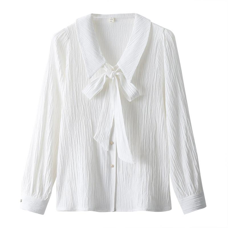 サイズ: S.M.L.XL 柄: 無地 通勤タイプ: 韓国 襟の形: Vネック 前立て: シングルボタン カラー: ホワイト 袖タイプ: ランタンスリーブ 袖丈: 長袖 着丈: 標準 シルエット: ストレート デザイン: リボン付き