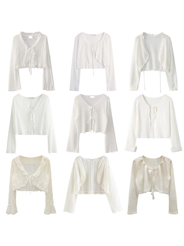 春夏 フェミニン レースカーディガン 大人 レディース 日焼け防止 薄手 長袖 フリル 紐 ボレロ ビーチ 旅行 普段使い おしゃれ 白 緑 青