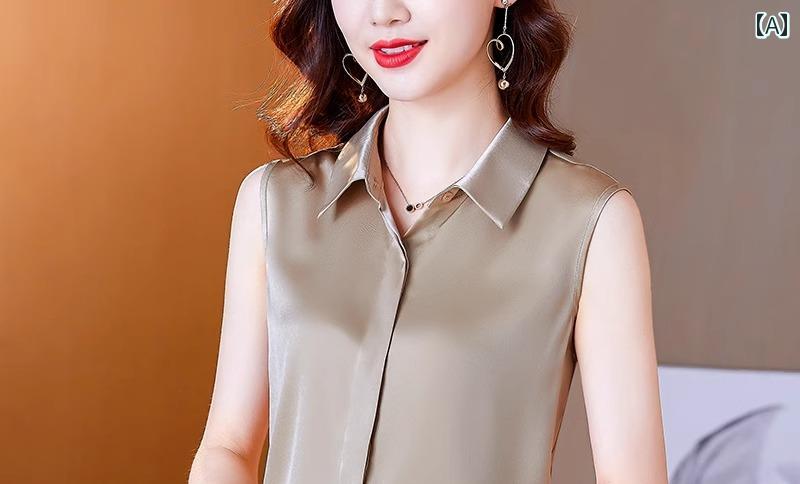 ノースリーブシャツ レディース 夏 薄手 トップス 襟付き ブラウス 通気性 柔らかい 大きいサイズ ゆったり 通勤 オフィス カジュアル シンプル エレガント 黒 白 アプリコット 無地