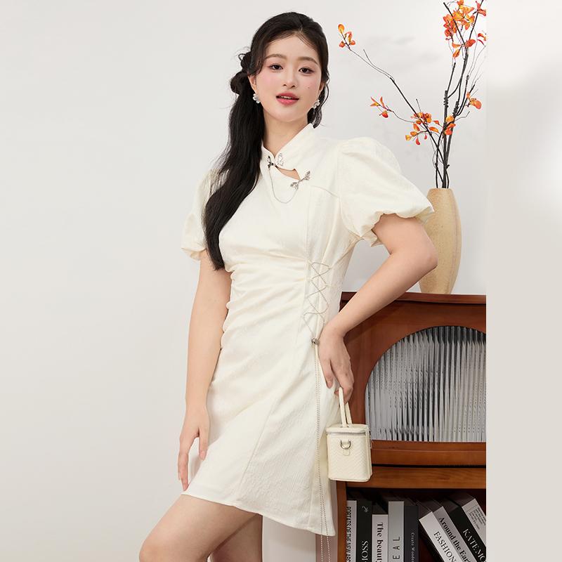 シルエット: 通勤 デザイン: チェーン 素材: ポリエステル 袖タイプ: パフスリーブ 袖丈: 半袖 スカート丈: ショート ネックライン: スタンドカラー 着丈: ミドル 柄: 無地 サイズ: XXL.XXXL.L.XL.M カラー: ...