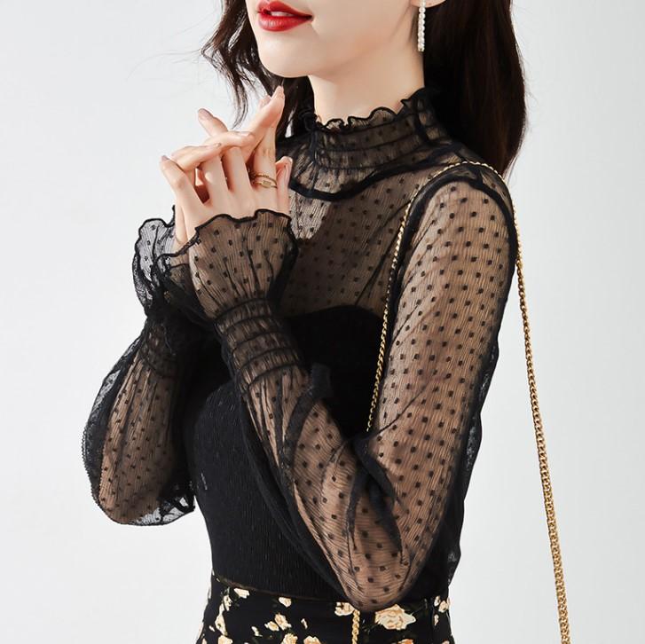 シアー トップス 長袖 春秋 レディース レース 水玉 メッシュ 薄手 透明感 スタイリッシュ 大きいサイズ ラウンドネック 黒 白 アプリコット プルオーバー 普段使い シンプル おでかけ セクシー フリル 韓国
