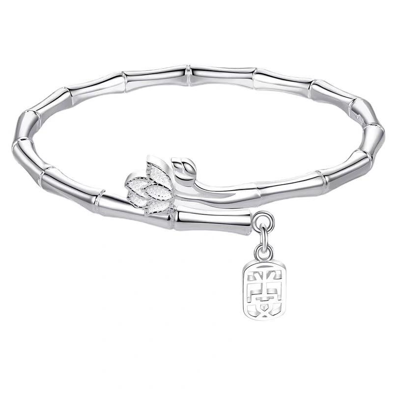 ブレスレット レディース 大人 上品 細め アクセサリー ギフト 竹モチーフ 鈴 プレート 福字 チャイナ風 おしゃれ 銀 シルバー 普段使い