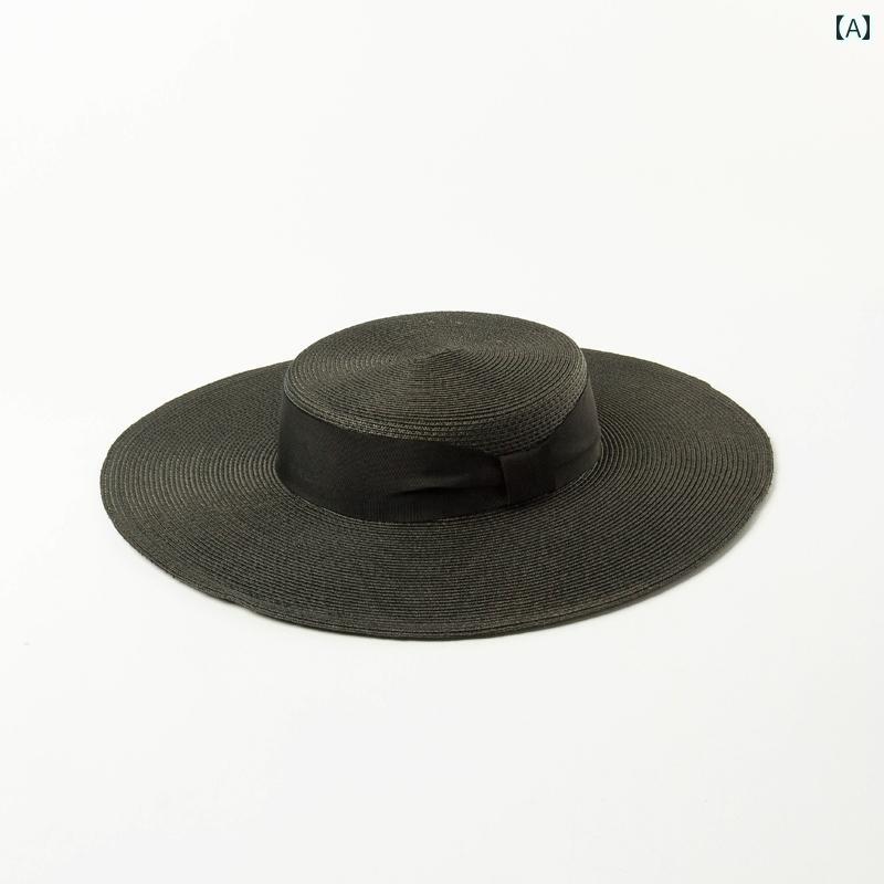 素材: 編み サイズ: 55cm デザイン: リボン付き カラー: ブラック.ホワイト つばの形状: フラットブリム シーン: お出かけ 帽子の形状: フラットトップ タイプ: 麦わら帽子 つばのデザイン: ワイドブリム