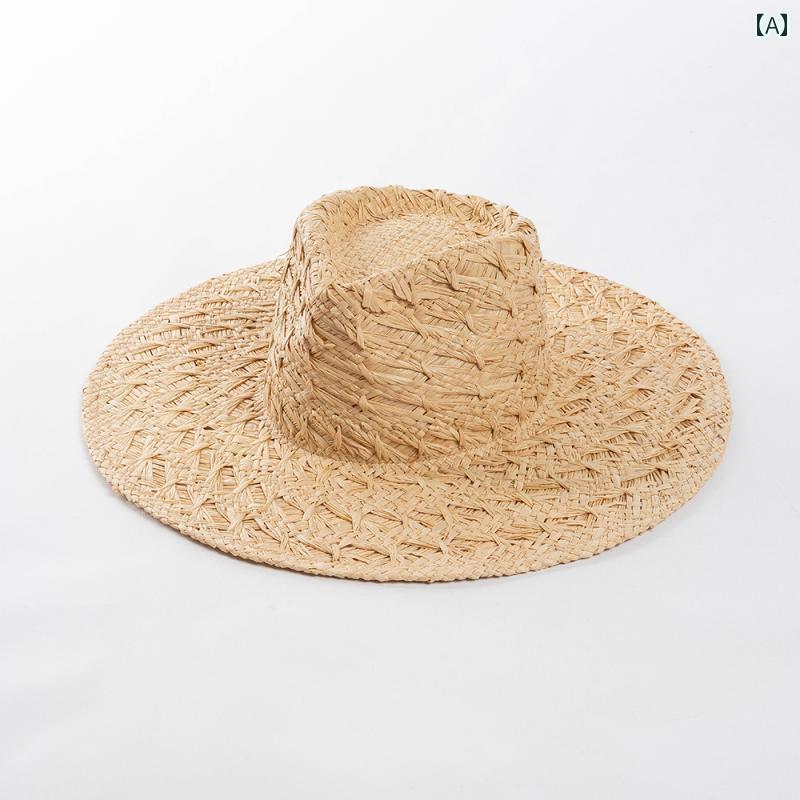 素材: ラフィア サイズ: M（56-58cm） デザイン: シンプル カラー: ナチュラル つば形状: フラット 帽子のトップ: ハイクラウン タイプ: ストローハット つばの幅: ワイドブリム