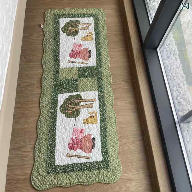小さめ マット 厚手 綿 キルティング 滑り止め付き 家庭用 玄関 ベッドサイド キッチン 足ふき フロアラグ 長スクエア かわいい パッチワーク風 花柄 ピンク 青 緑