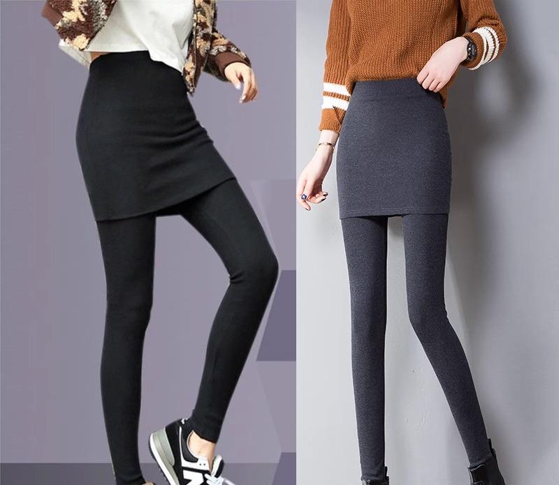 スカート付きレギンス レディース 柔らかい おしゃれ カジュアル 厚手 秋冬 重ね着風 スリム 暖かい 大きいサイズ ヒップ ラップ フィット 普段使い 伸縮性 シンプル 黒 グレー