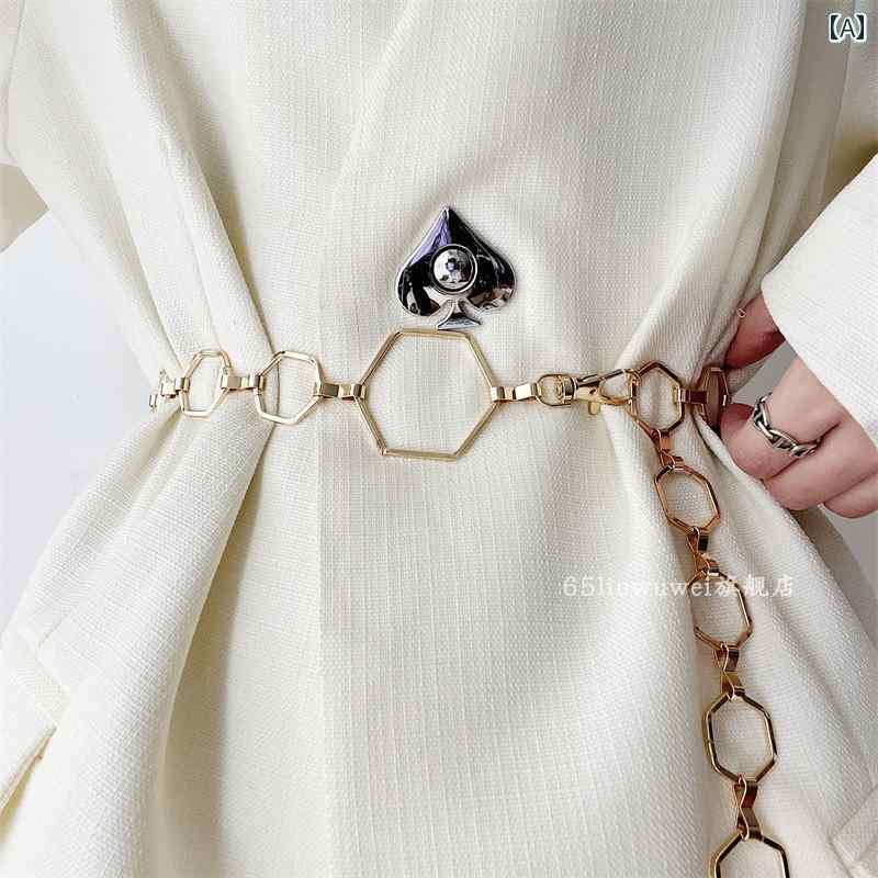 主素材: 金属 シルエット: シンプル カラー: ゴールド デザイン: 六角形モチーフ ベルトバックル: フックタイプ 素材: ソフト 幅: 2.2cm 長さ: 103cm