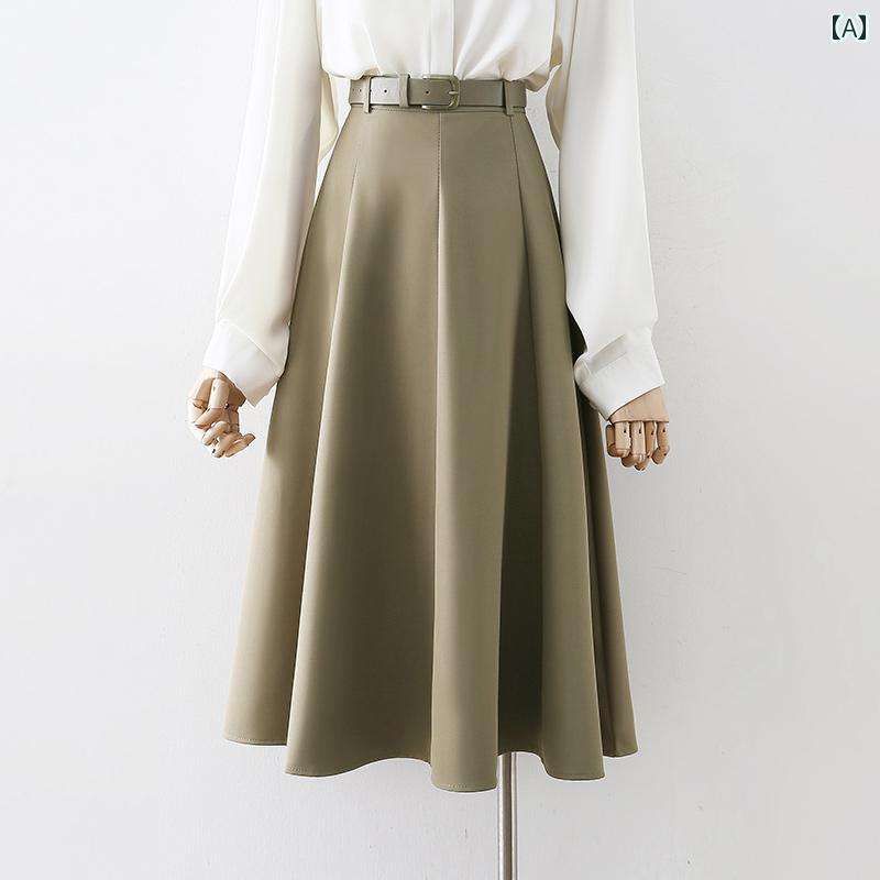 サイズ: S.M.L.XL 柄: 無地 デザイン: 韓国 ウエスト: ハイウエスト カラー: ブラック.カーキグリーン スカート型: Aライン スカート丈: ミディ丈 シルエット: Aライン