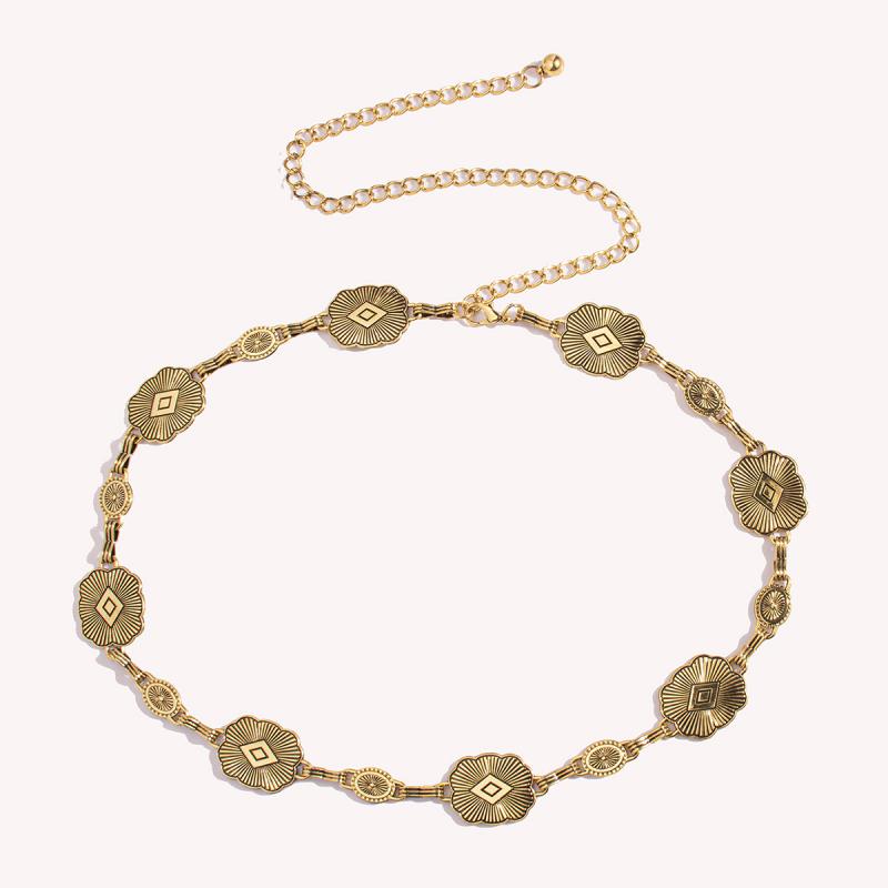 素材: 金属 テイスト: かわいい タイプ: ウエストチェーン デザイン: エンボス加工 カラー: シルバー.アンティークブロンズ モチーフ: 幾何学模様 バックル素材: 合金 バックルタイプ: フック式 仕様: シングルループ 幅: 3....