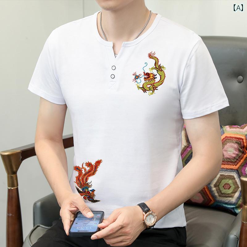 素材: 綿 袖丈: 半袖 ネックタイプ: Vネック 柄: 幾何学模様 サイズ: 3XL.2XL.M.L.XL.4XL カラー: ホワイト（半袖・2つボタン・龍鳳）.ブラック（半袖・2つボタン・龍鳳）.ホワイト（半袖・2つボタン・双鳳）.ブラ...