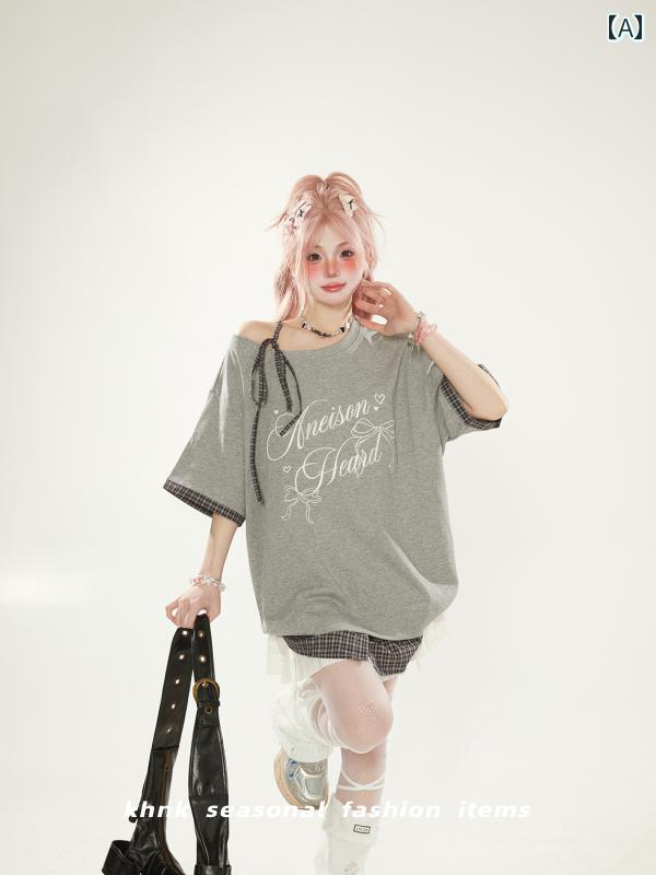 デザイン: 刺繍.切り替え.不対称 素材: 綿 袖丈: 半袖 襟型: アシンメトリー 丈: 標準 柄: 文字 カラー: ブラック.グレー サイズ: S.M.L.XL