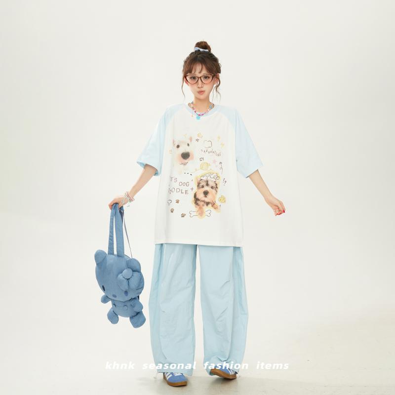 デザイン: プリント.切り替え シルエット: ゆったり 素材: 綿 袖タイプ: ラグランスリーブ フード: なし 生地加工: プリント 袖丈: 半袖 襟型: クルーネック 着丈: 普通 柄: ロゴ・文字.キャラクター.動物 サイズ: S.M...