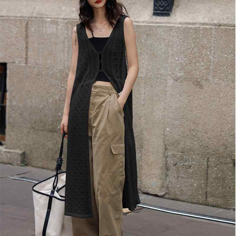 スタイル: オフィス 袖丈: ノースリーブ ネックライン: Vネック 素材: 接触冷感素材 丈: ミディアム丈 デザイン: カーディガン サイズ: S.M カラー: ブラック.ホワイト